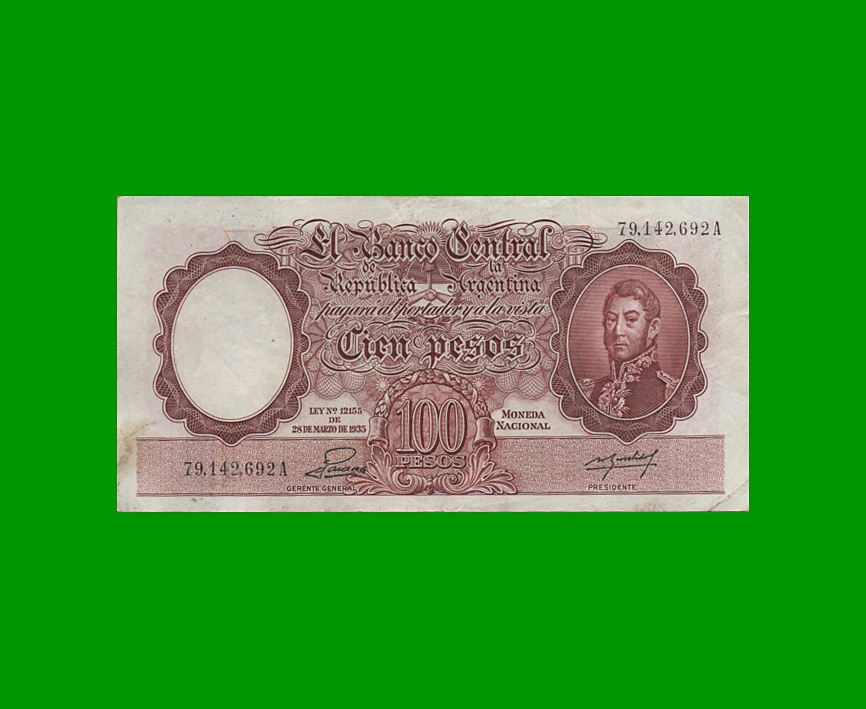 MONEDA NACIONAL $100,00, BOT 2043, AÑO 1953, ESTADO MUY BUENO+ ...