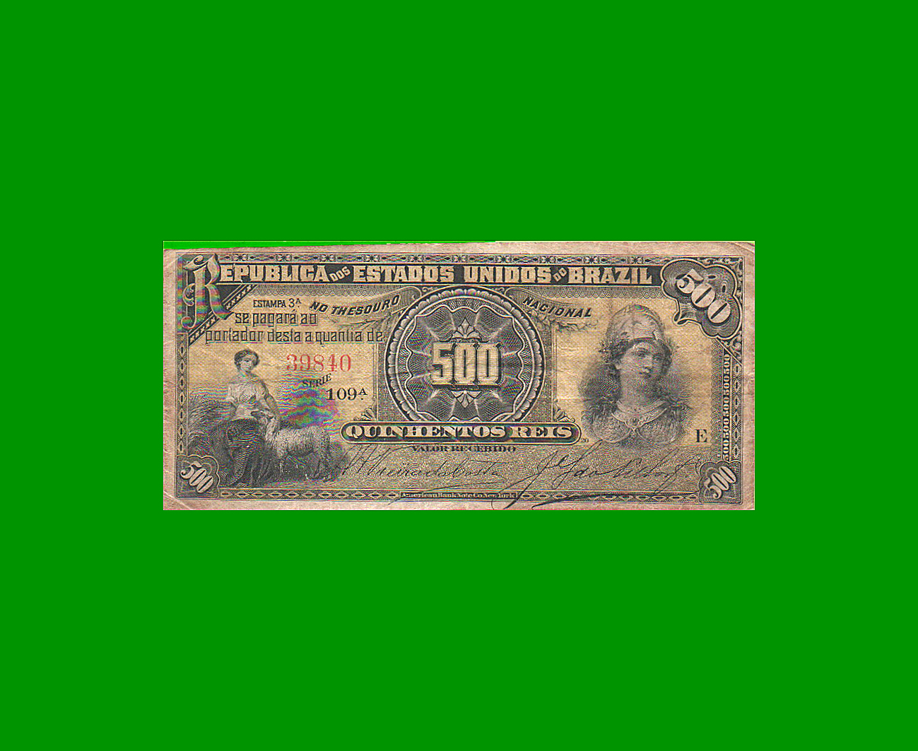 BILLETE DE BRASIL 500 RIES, PICK 1b, AÑO 1894, ESTADO MUY BUENO ...