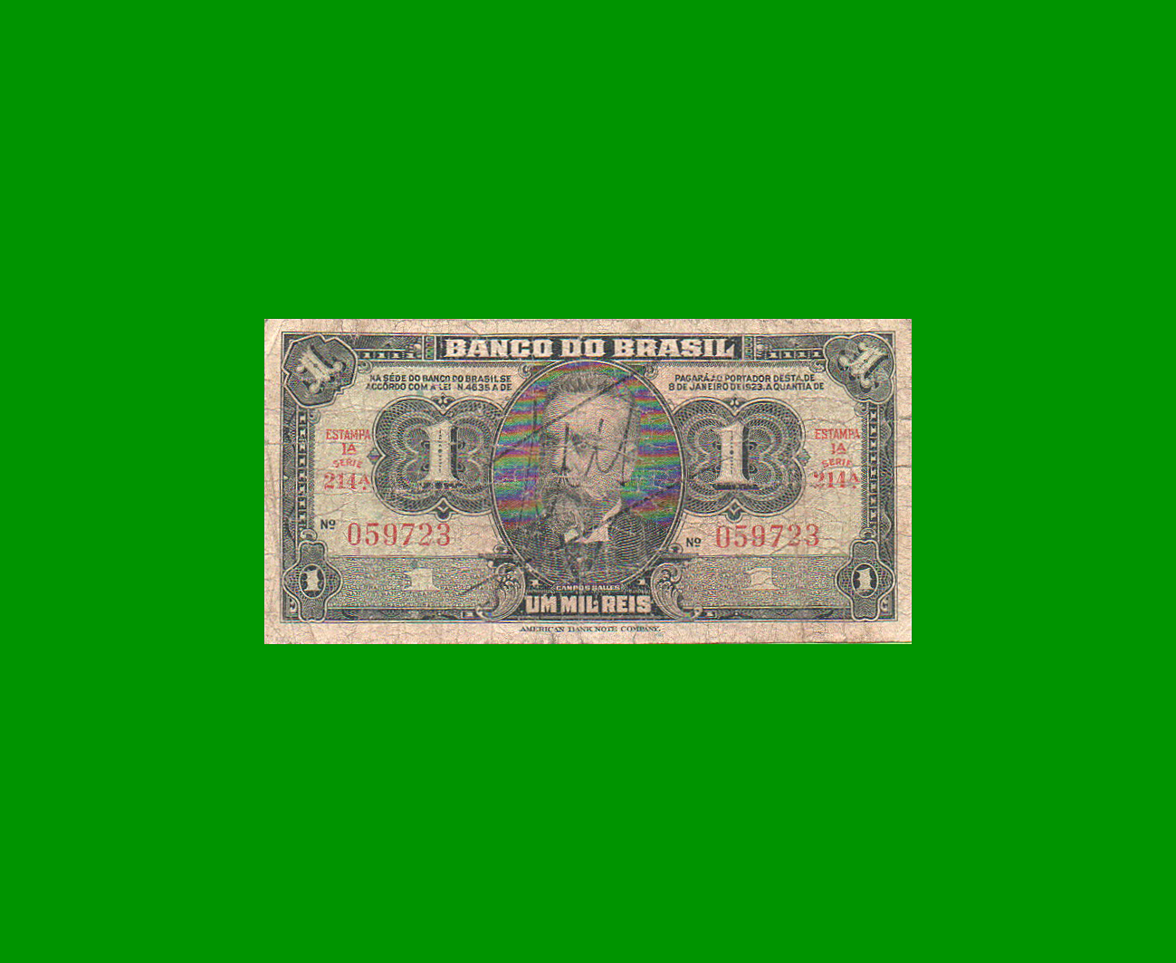 BILLETE DE BRASIL 1 MIL RIES, PICK 110B, AÑO 1923, ESTADO BUENO ...